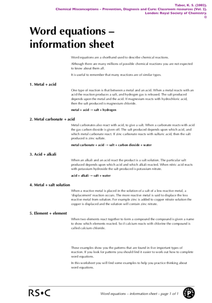 Completing word equations – Science-Education-Research